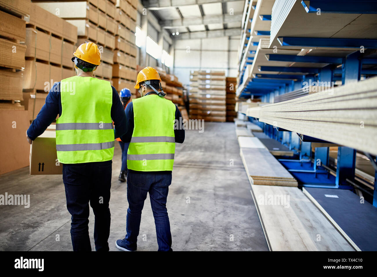 Rear view of two workers carrying boxes in factory warehouse Stock ...