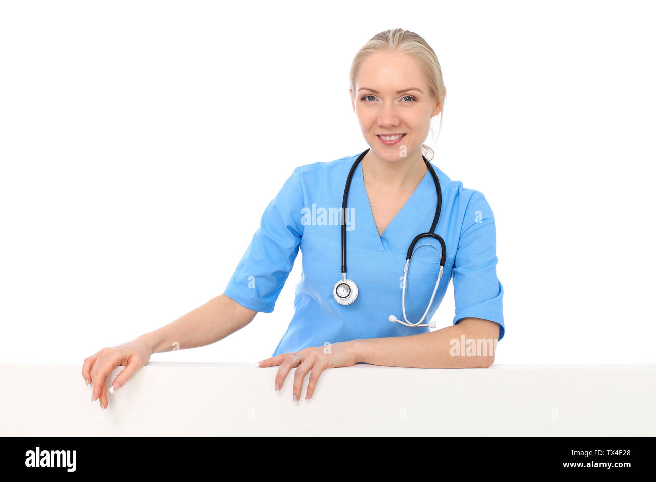 Doctor woman or nurse isolated over white background. Cheerful smiling ...