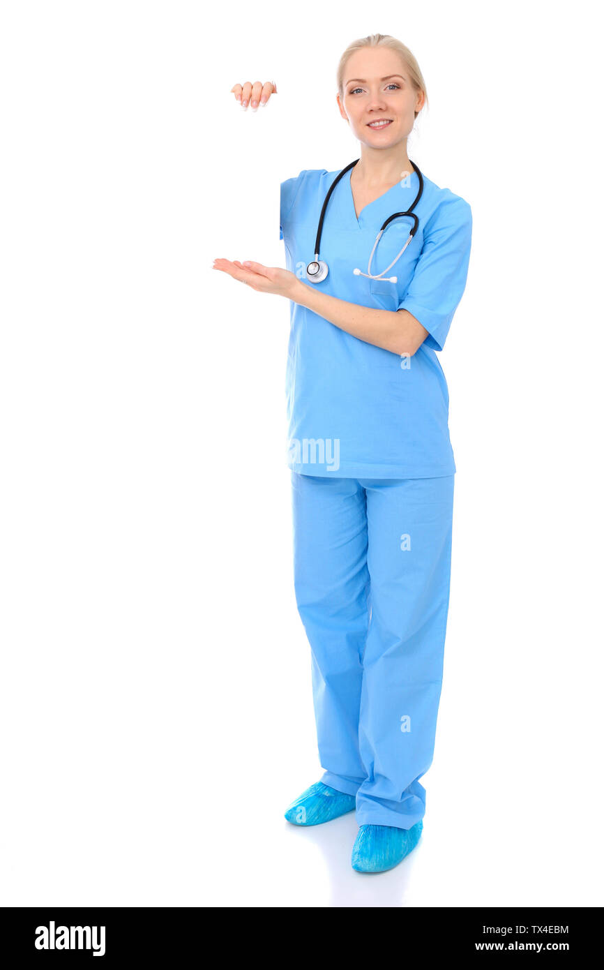 Doctor woman or nurse isolated over white background. Cheerful smiling ...