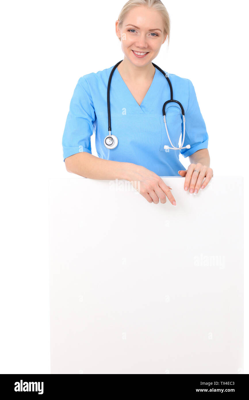 Doctor woman or nurse isolated over white background. Cheerful smiling ...