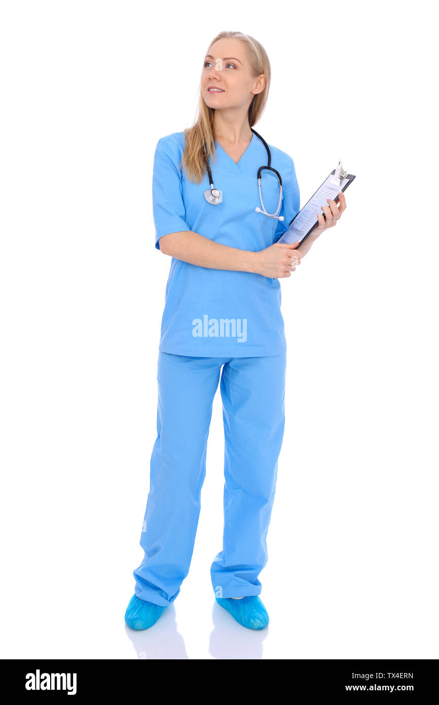 Doctor woman or nurse isolated over white background. Cheerful smiling ...