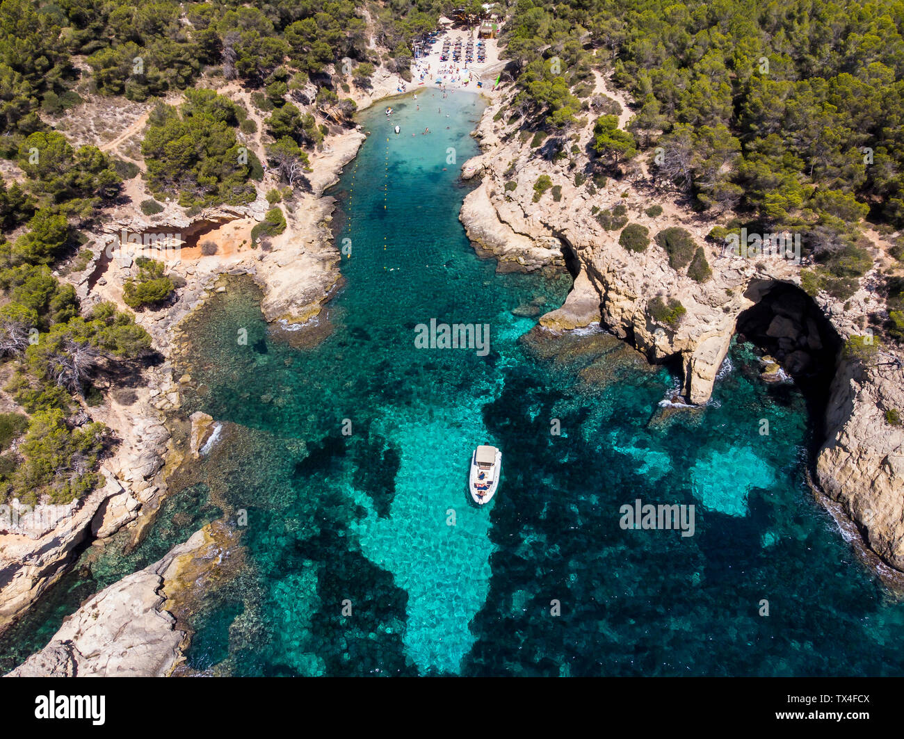 Spain, Mallorca, Aerial view of bay Cala Falco and Cala Bella Donna ...