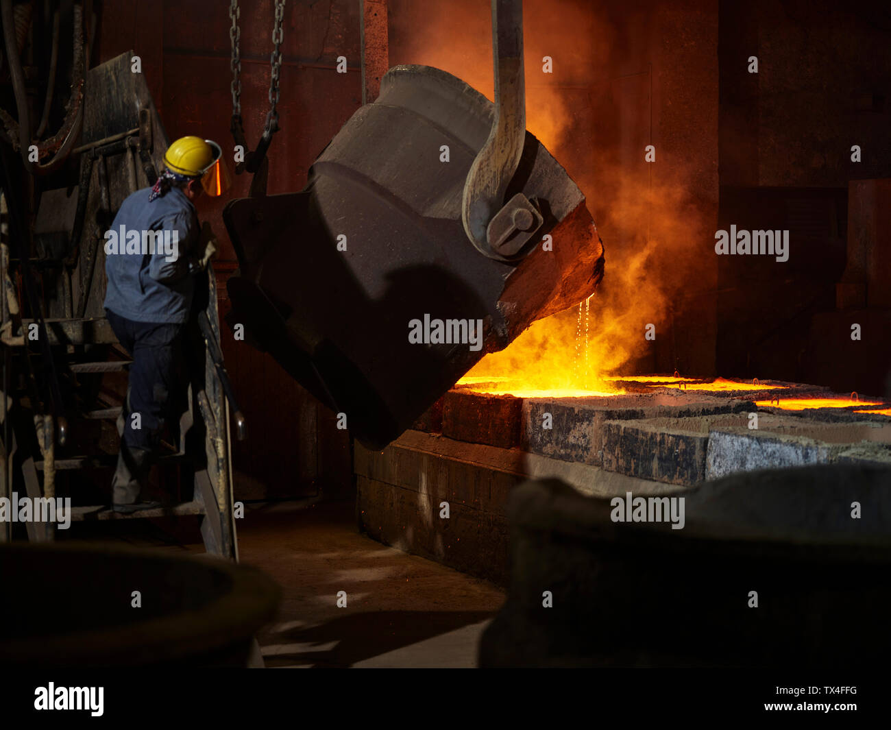 Industry, Liquid copper is filled into mold, worker controlling Stock ...