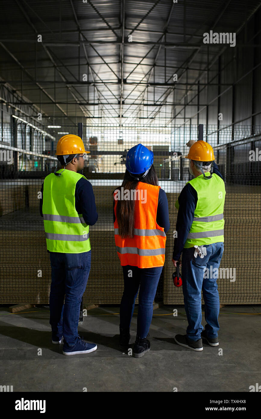 Rear view of workers standing at grid in factory Stock Photo - Alamy