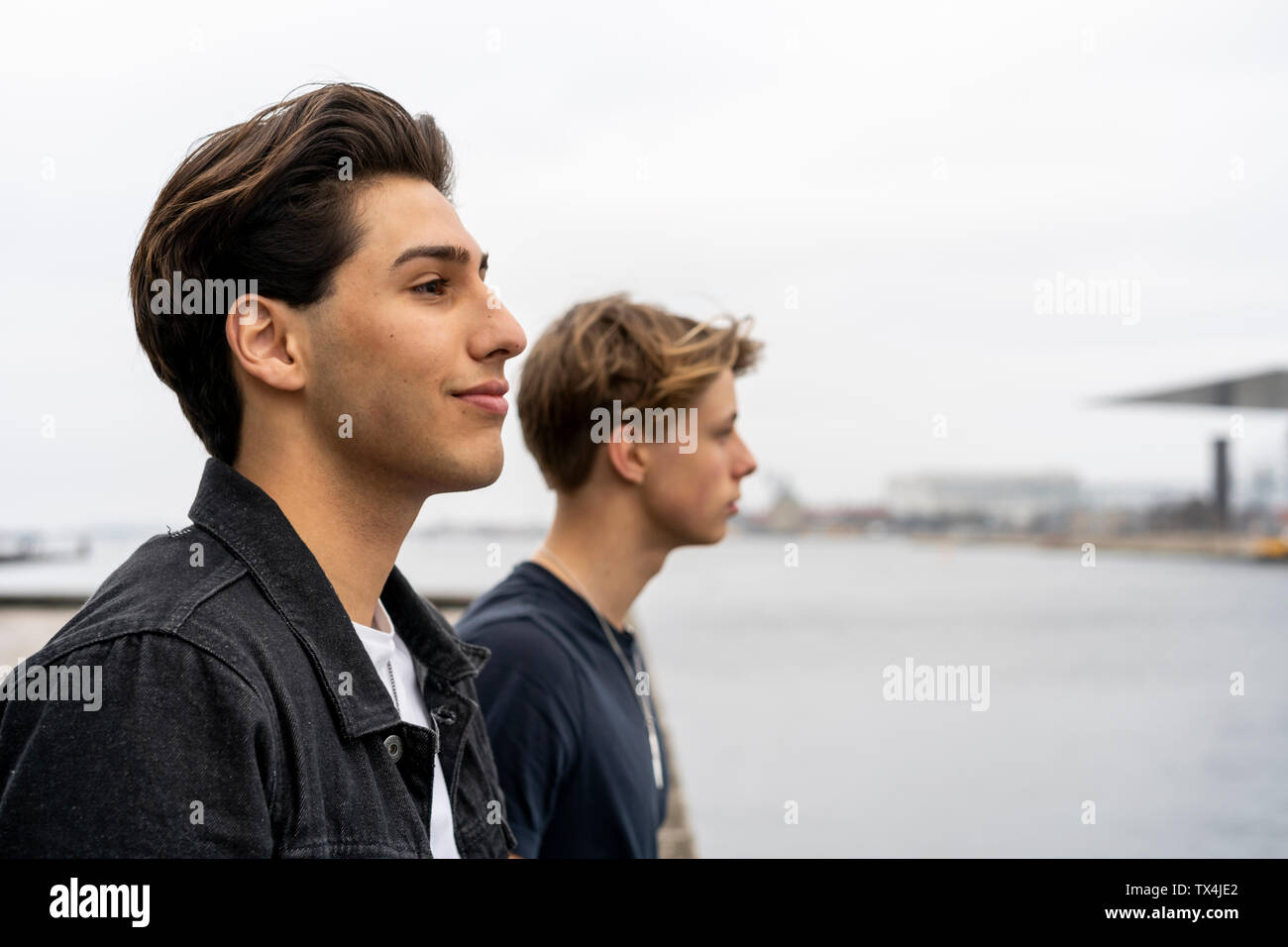 Denmark, Copenhagen, portrait of two young men at the waterfront Stock ...