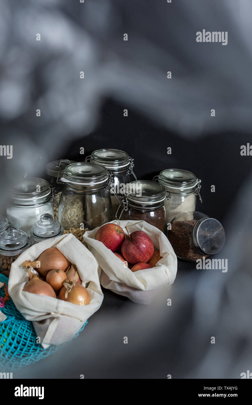 Groceries in cloth bags and jars for waste prevention Stock Photo - Alamy
