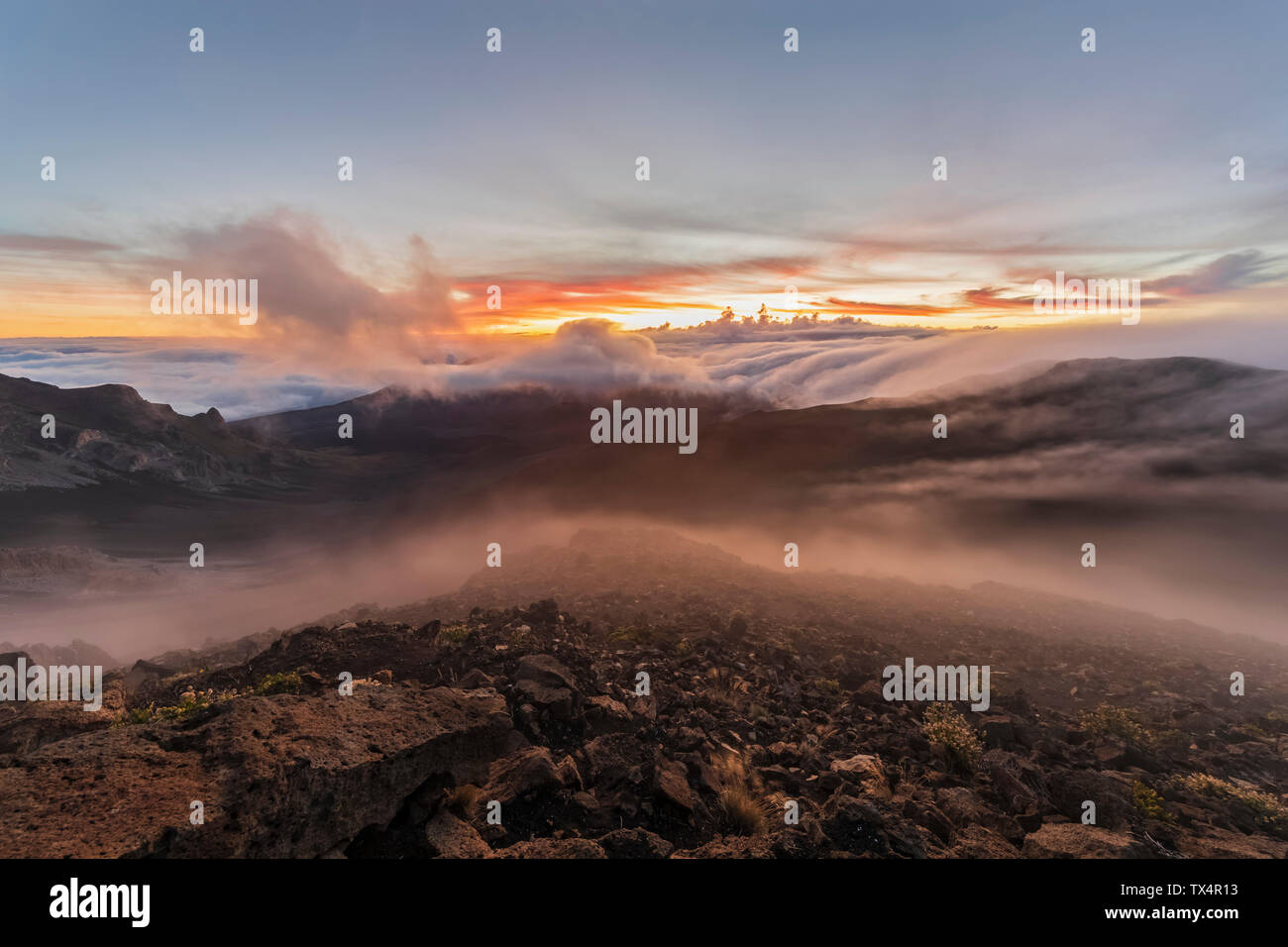Crater of Haleakala volcano at sunrise, Haleakala National Park, Hawaii ...