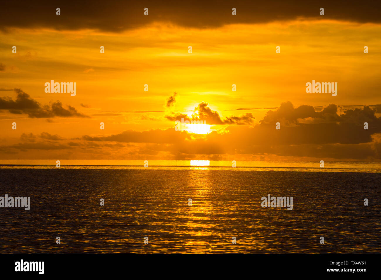 French Polynesia, Tuamotus, Tikehau, sunset over the ocean Stock Photo ...