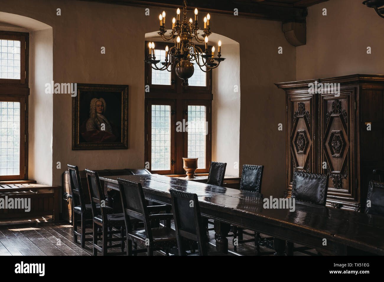 Vianden, Luxembourg - May 18, 2019: Recreated exhibit of a dining room ...