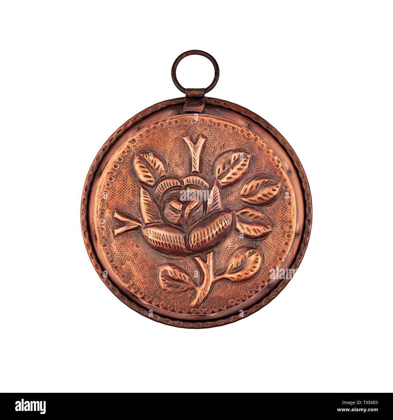 Vintage copper baking dish with rose flower pattern isolated top view ...