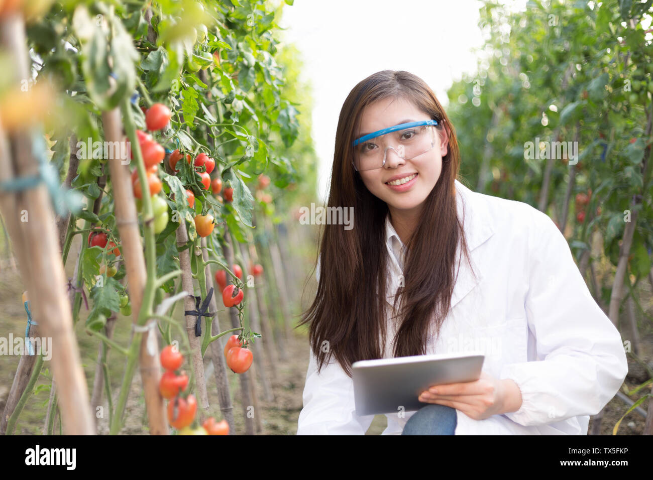 young beautiful chinese woman works in green field Stock Photo - Alamy