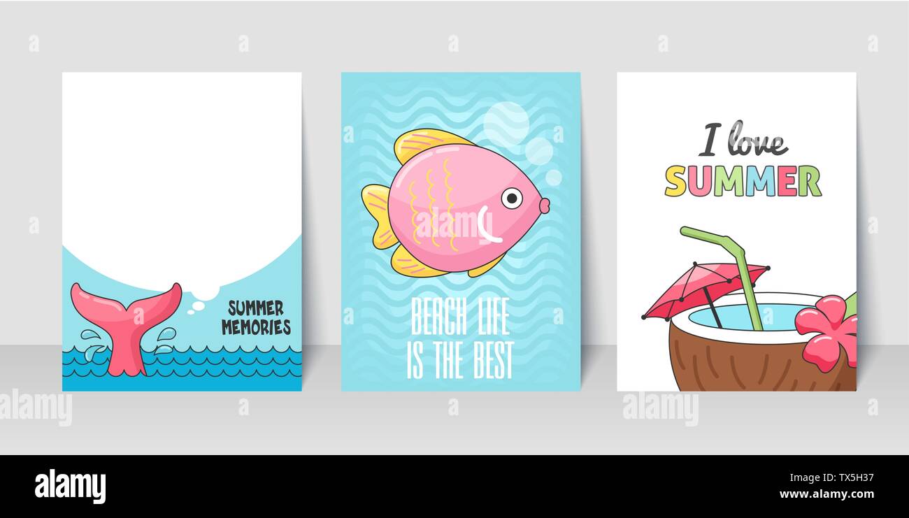 Vector set of bright summer cards. Beautiful summer posters with whale ...