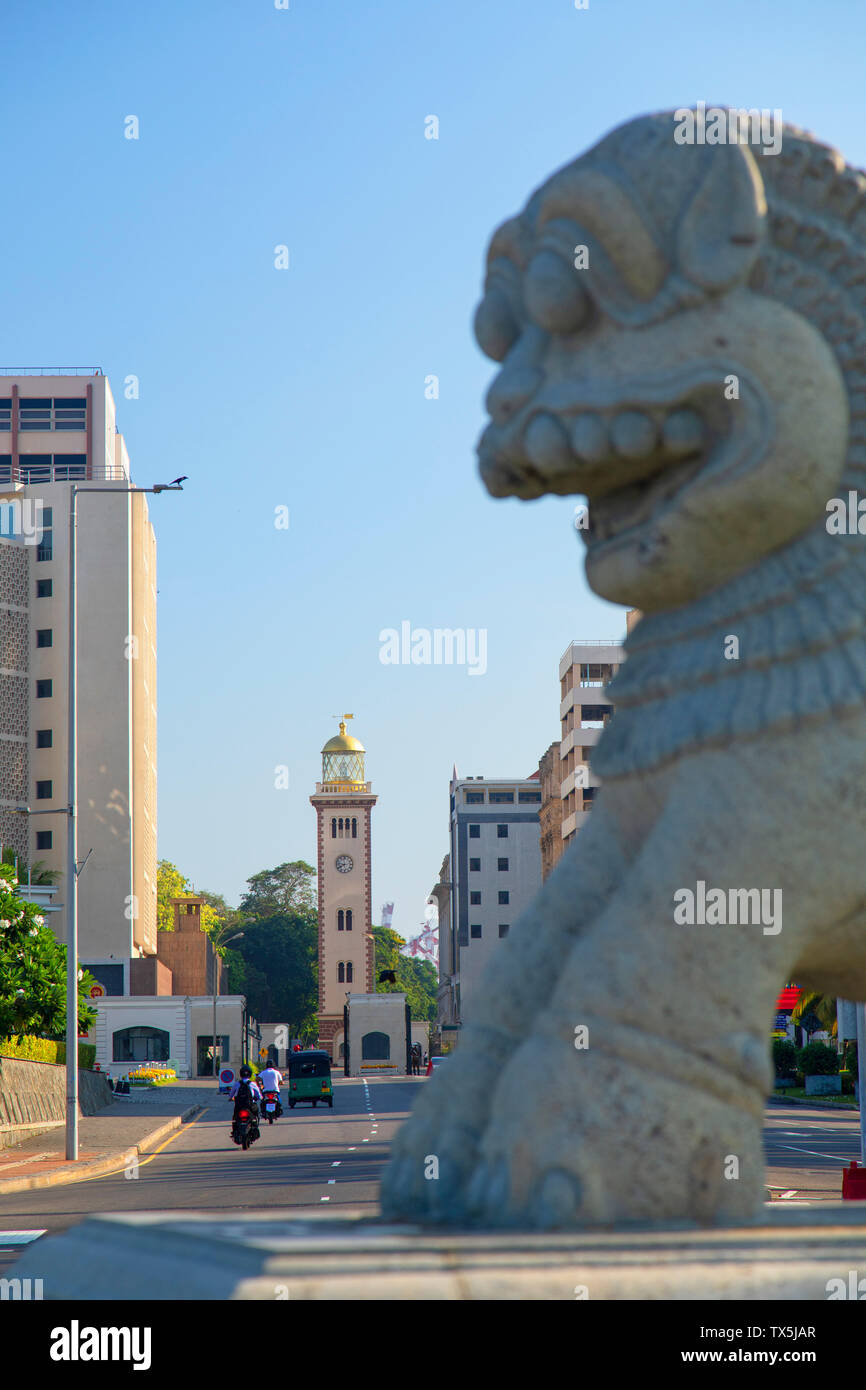 Lion statue and Lighthouse Clock Tower, Fort, Colombo, Sri Lanka Stock ...