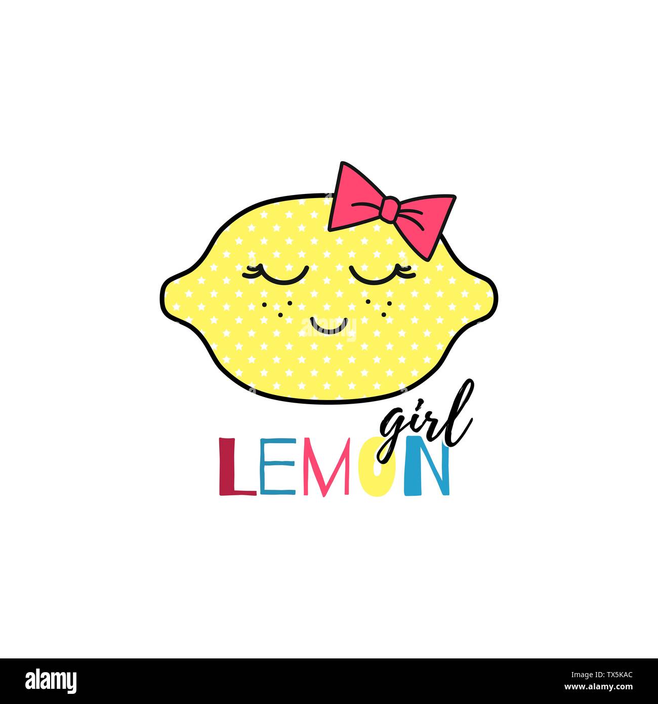 Lemon kawaii Cute Print on Children's t-Shirt. Vector Happy Cute Fruit ...