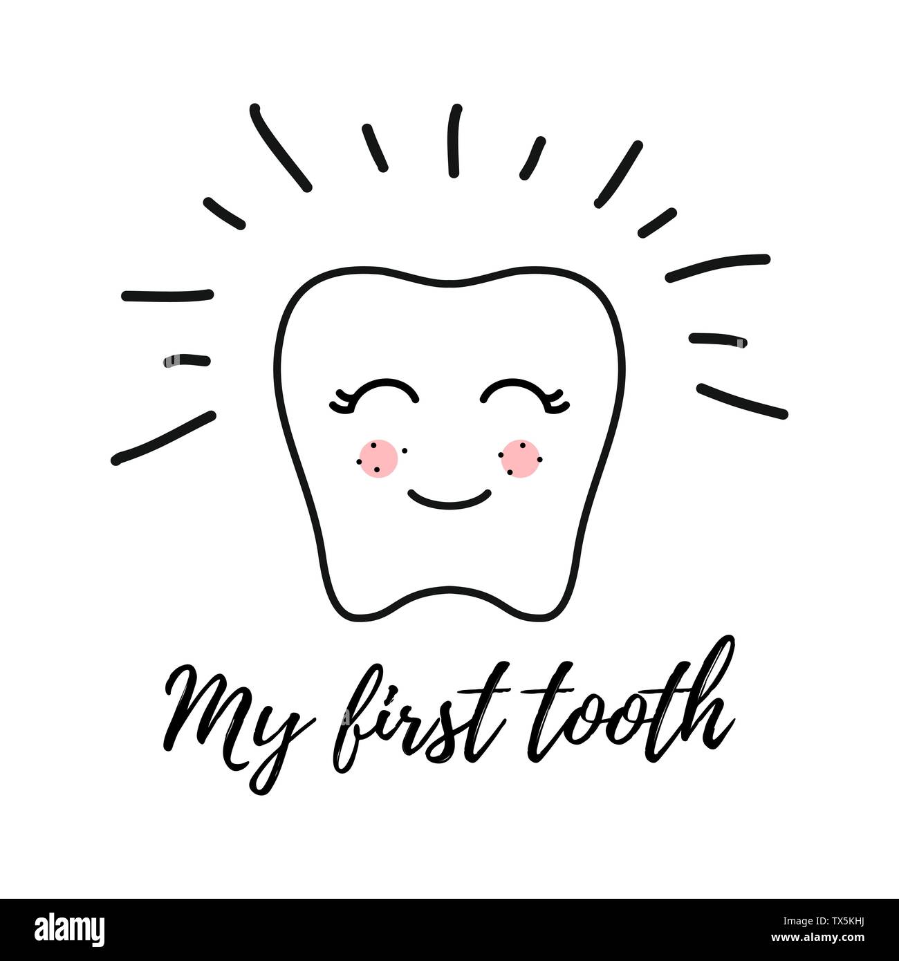 kawaii tooth contour Line With the inscription My First Tooth. Vector ...