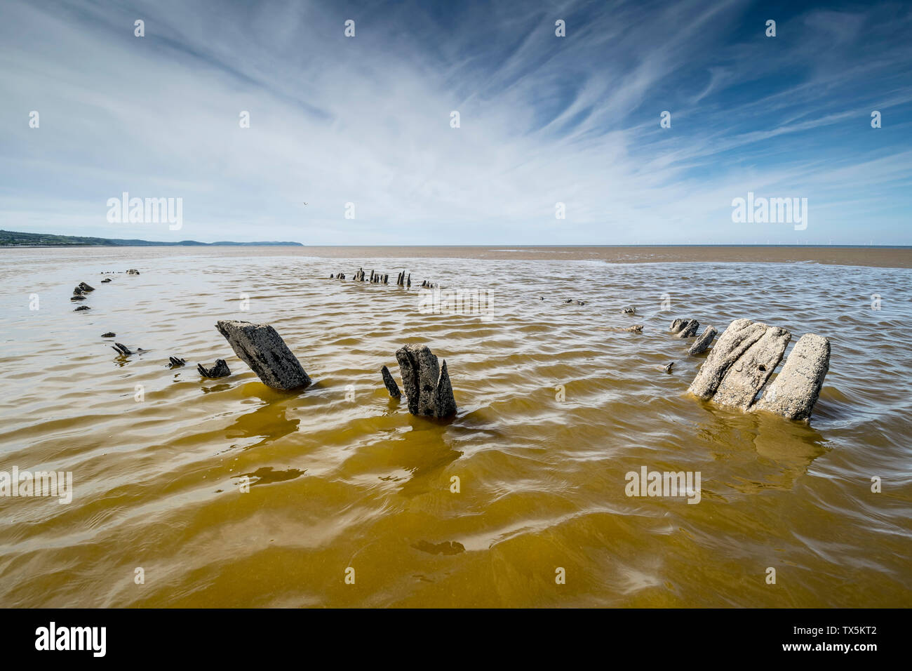 Abergele Pensarn beach on the North Wales coast showing visible remains ...