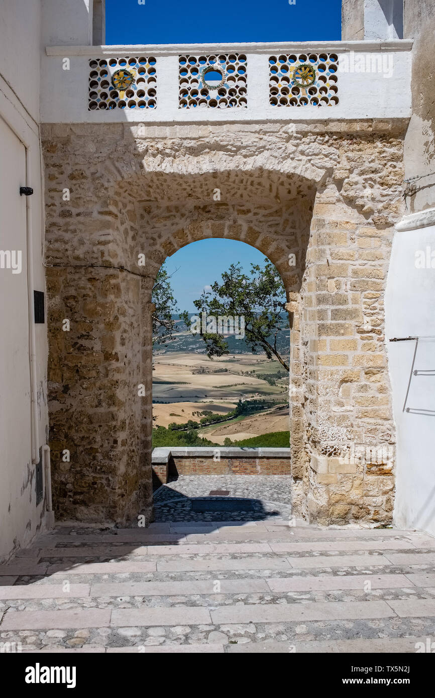 Countryside landscape viewed from the medieval gate of Montescaglioso ...