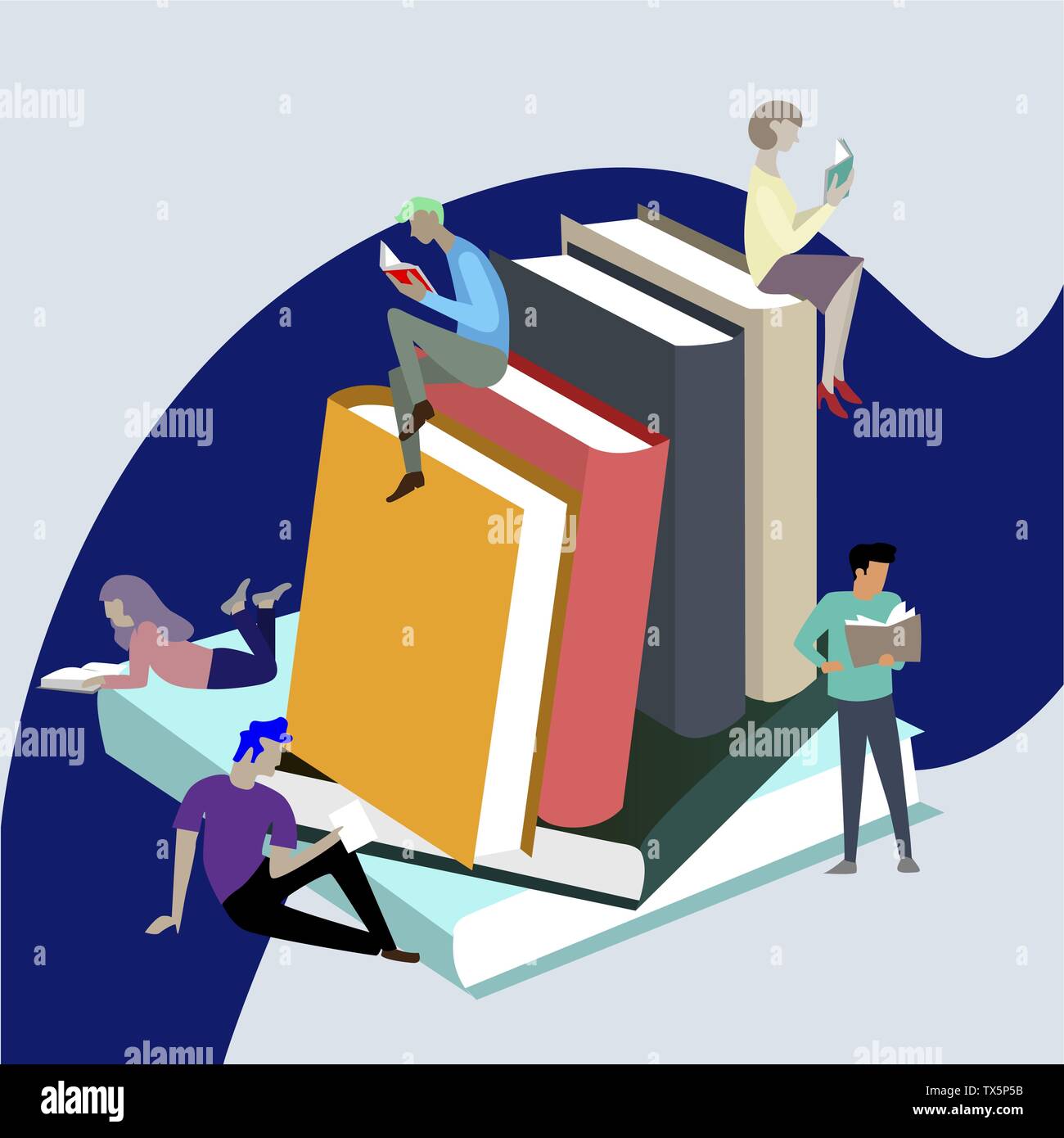 People read books, sitting on stack. Textbook studying, reader ...