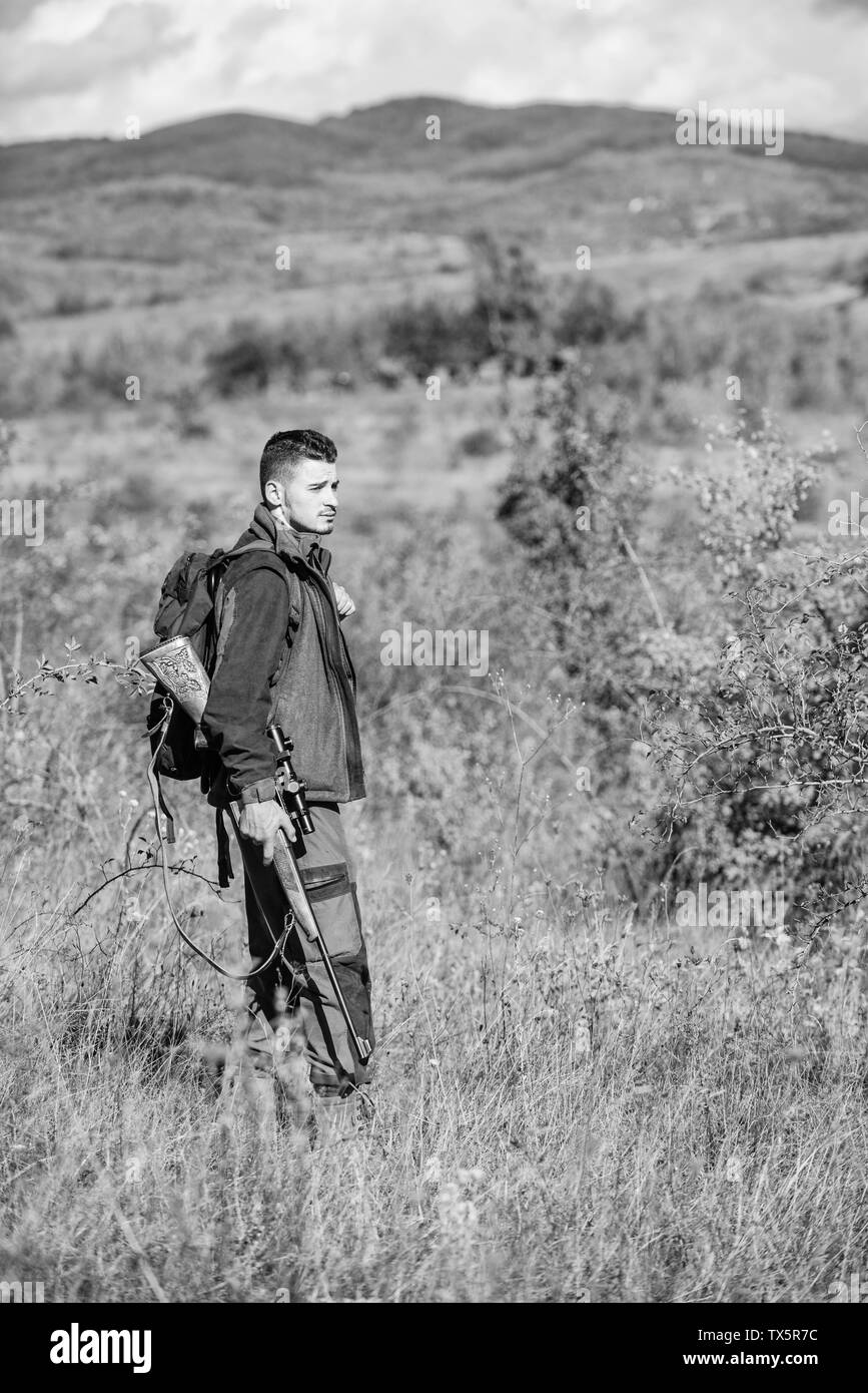 Hunting season. Guy hunting nature environment. Masculine hobby ...