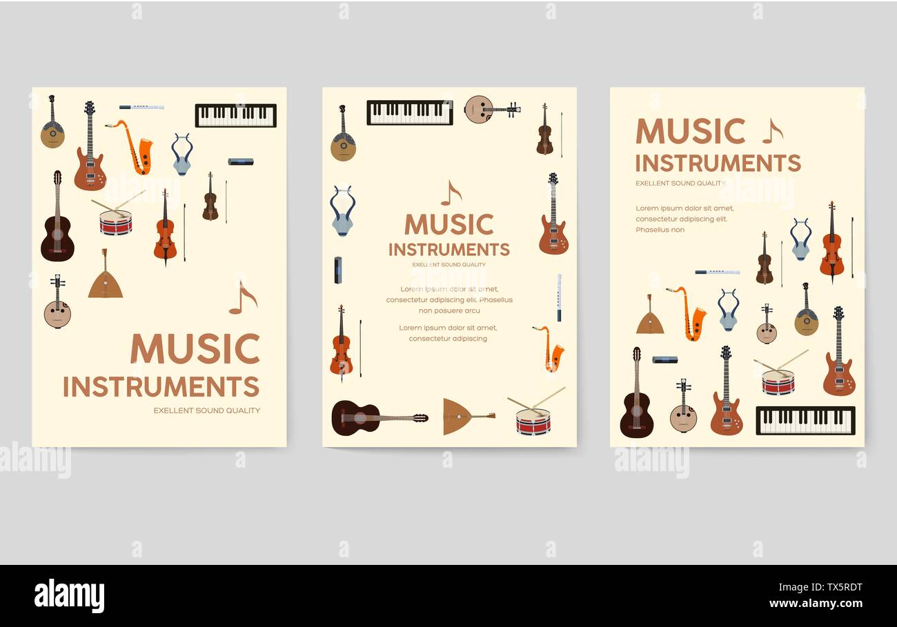 Music instruments vector brochure cards set. Audio tools template of ...