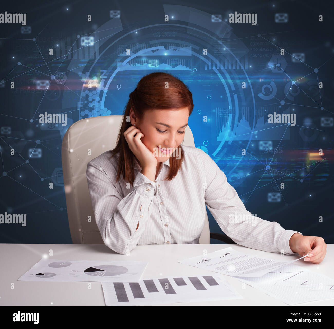 Manager in front of the office desk with connections and teamwork ...