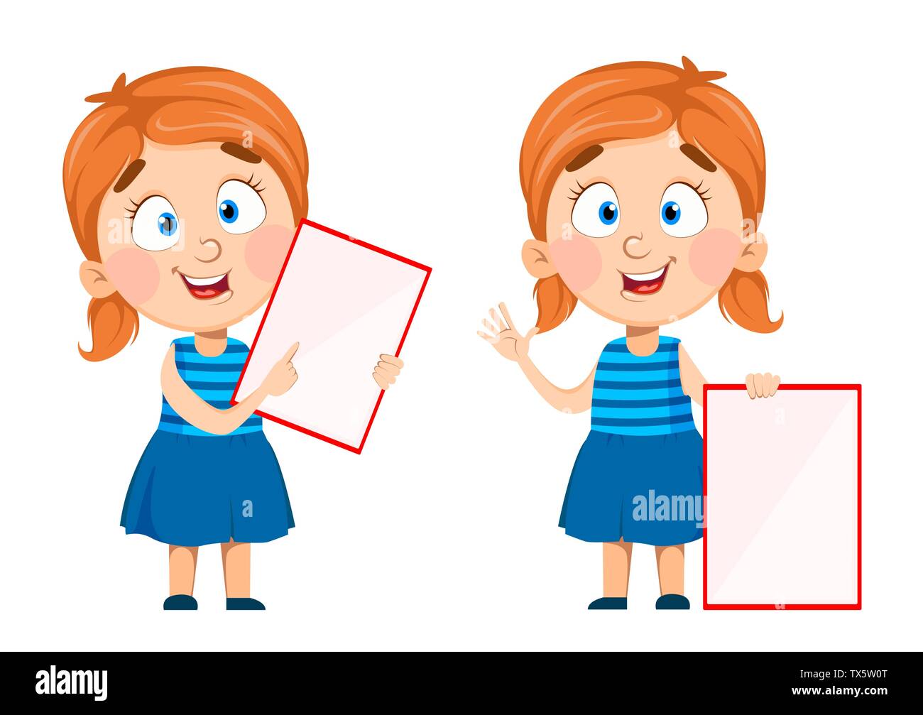 Cute little girl holding blank placard, set of two poses. Pretty girl ...