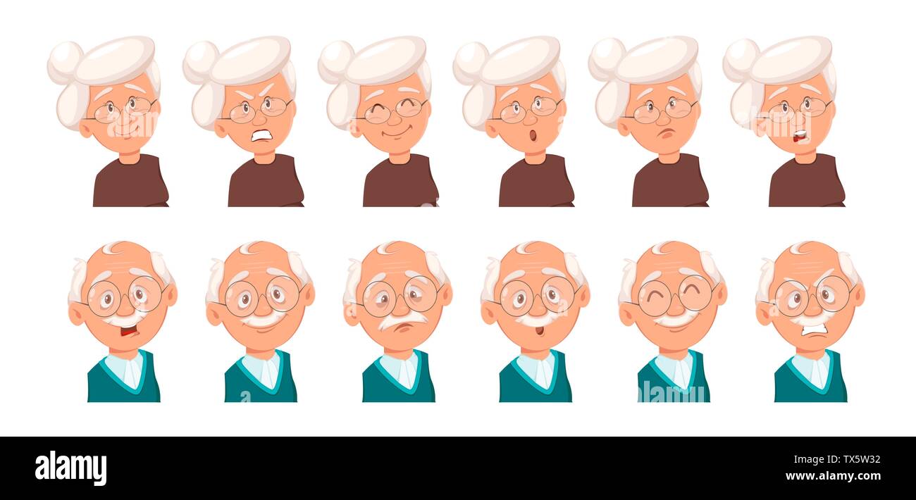Face expressions of grandfather and grandmother. Set of emotions of old ...