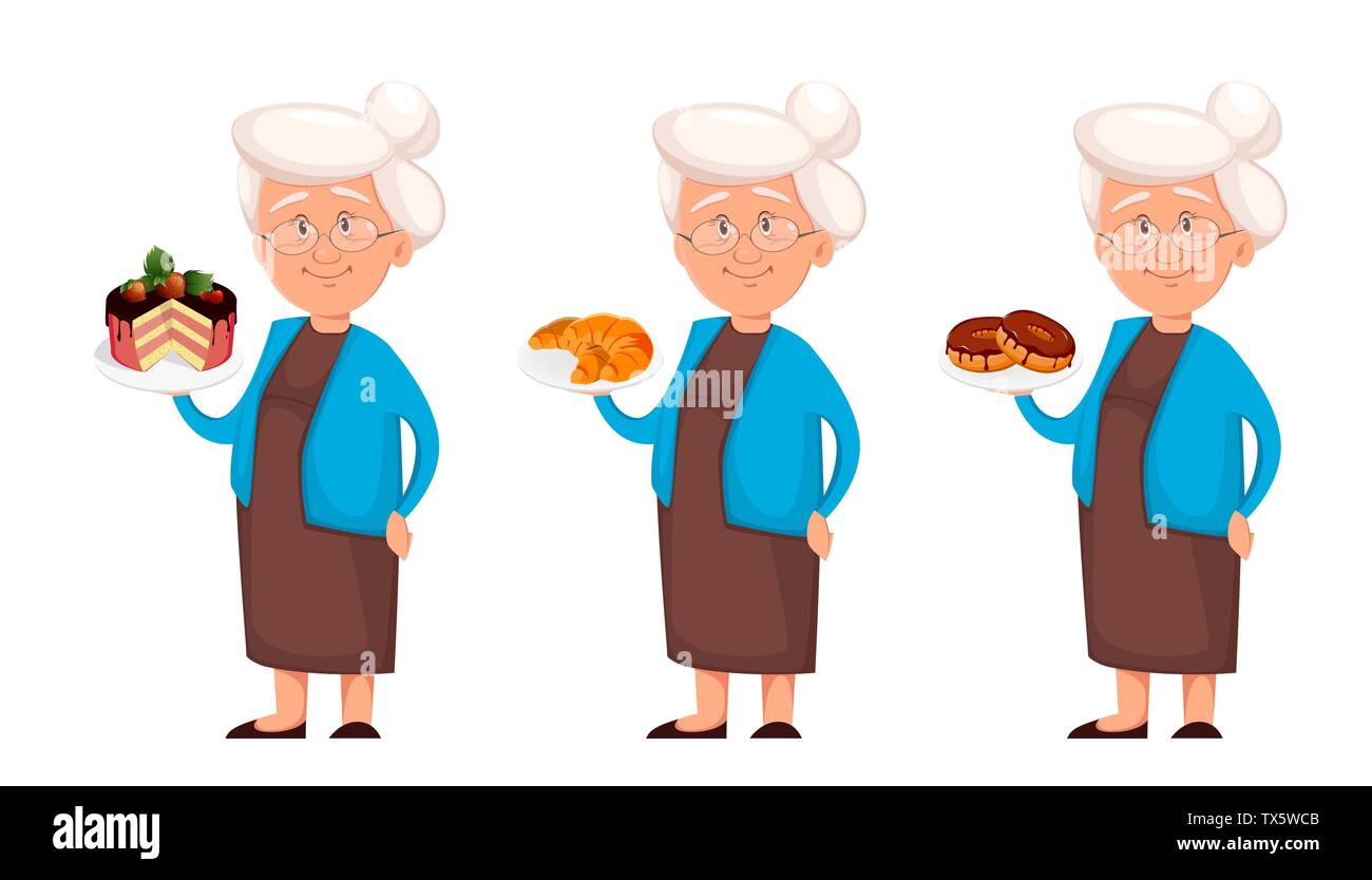 Grandmother, set of three poses. Cute cartoon character grandma with ...