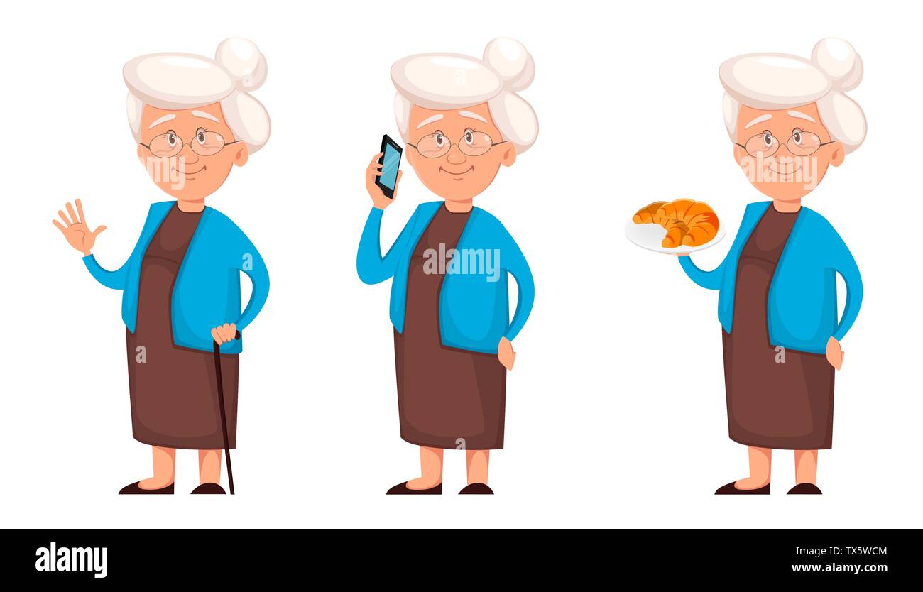 Grandmother, set of three poses. Cute cartoon character grandma waving ...