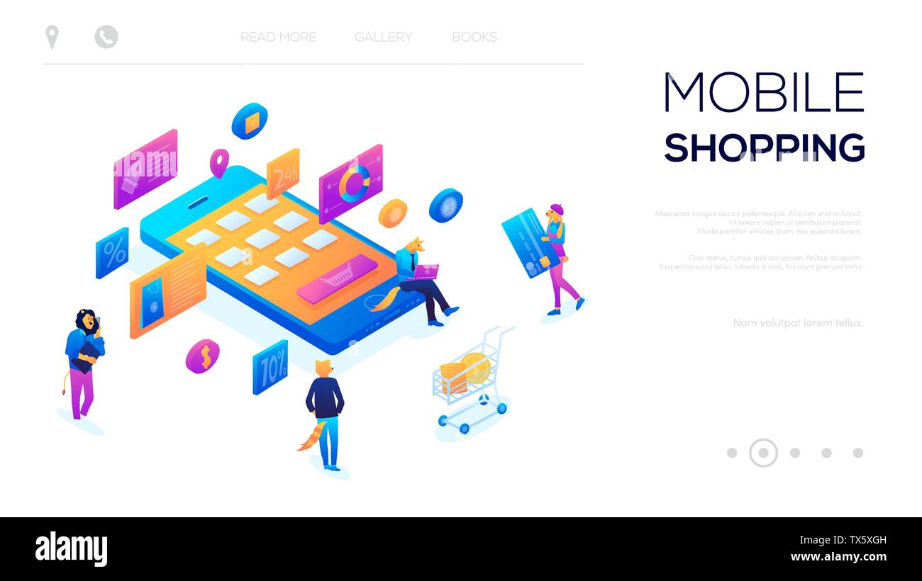 3d Isometric character buying online on blue violet background. Users with tablets and shopping ...