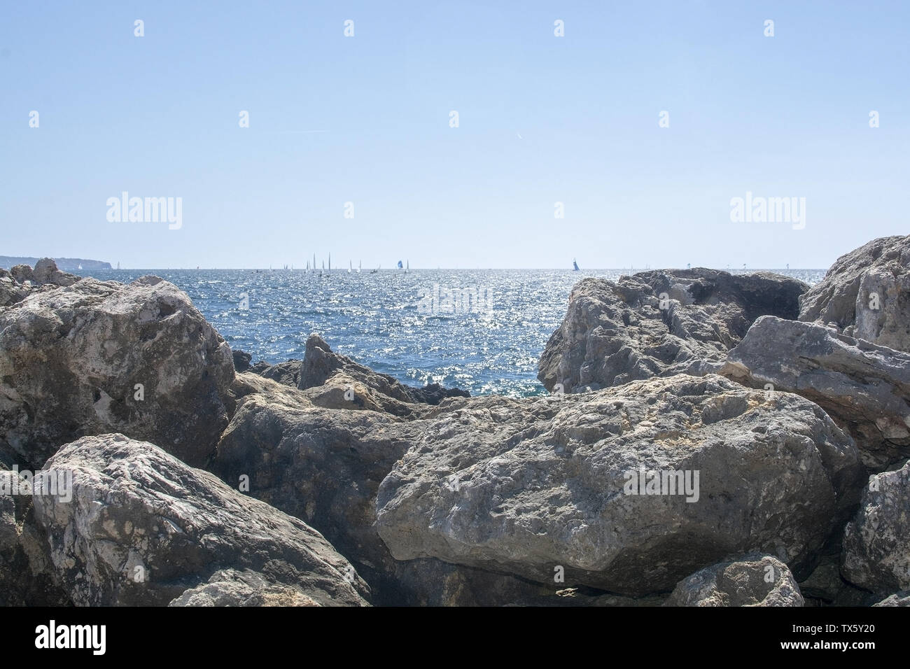 Limestone rocks seaside and blue Mediterranean sea in Mallorca, Spain ...