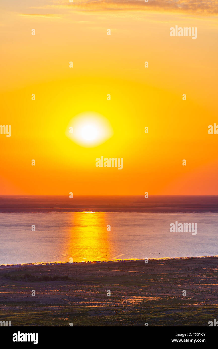 Abstract background with summer lake landscape with golden sunrise ...