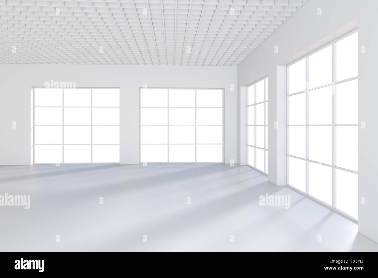 Empty white office room with large stained glass windows. 3D rendering ...