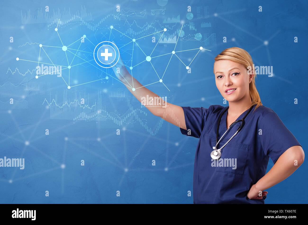 Doctor touching blue screen with virtual hospital concept Stock Photo ...