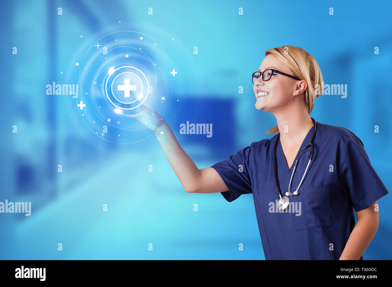 Doctor touching blue screen with call center concept Stock Photo - Alamy