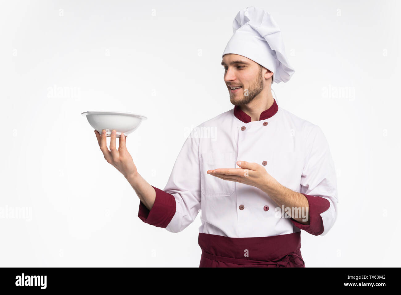Positive professional happy man chef showing tasty ok sign isolated on ...