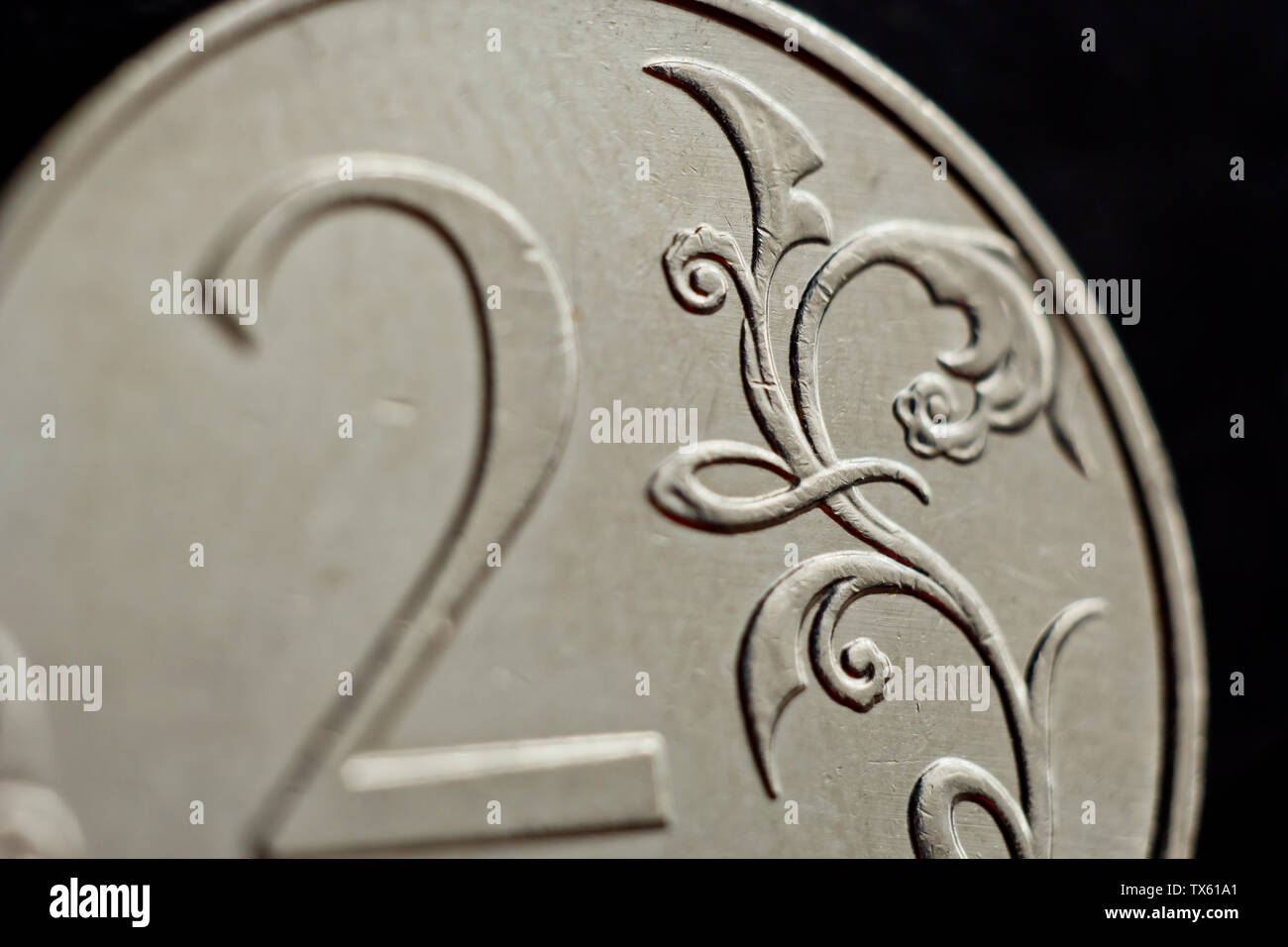 Coin two Russian rubles macro isolated on black background. Detail of ...