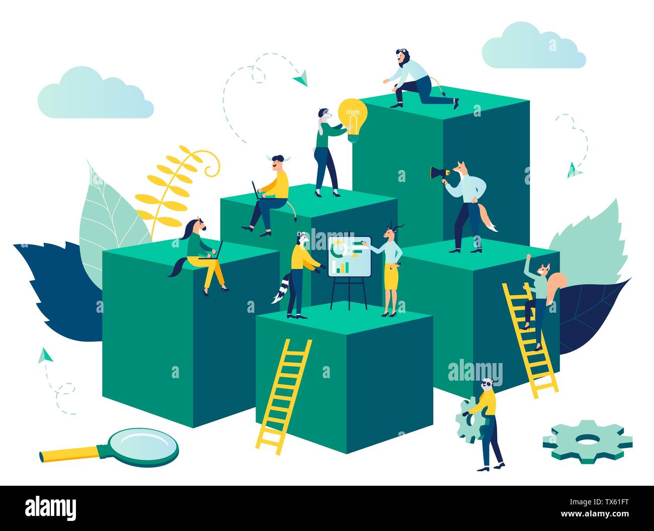 Virtual business assistant vector illustration. Teamwork on performance ...