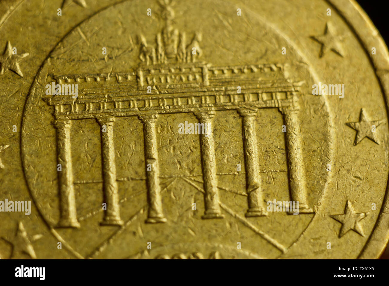 Reverse side of the coin fifty euro cent macro isolated on black ...