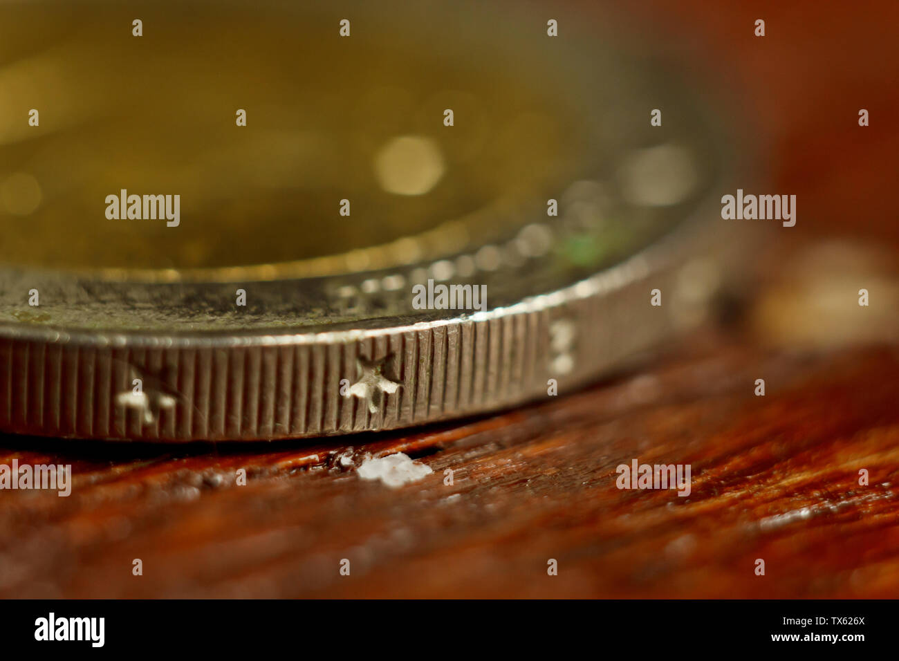 Edge Euro Coin Macro Isolated On Black Background. Detail of metallic ...