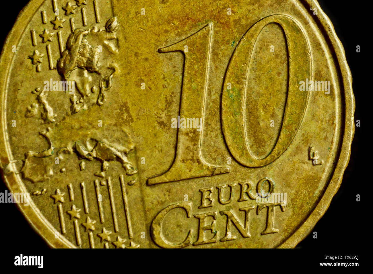 Coin ten euro cent macro isolated on black background. Detail of ...
