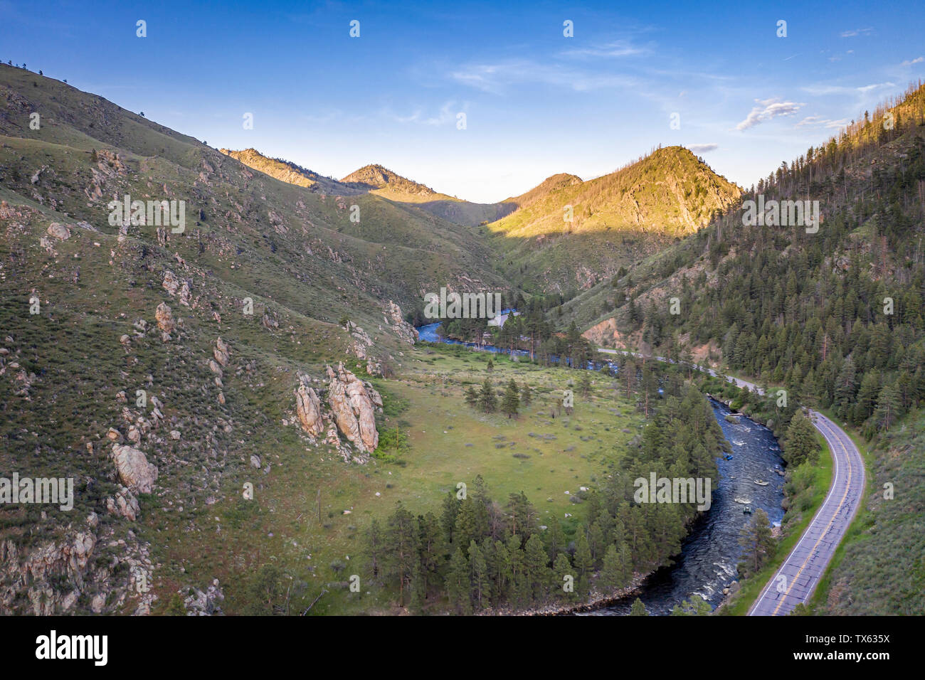 Poudre River and Canyon - aerial view with late spring scenery Stock ...