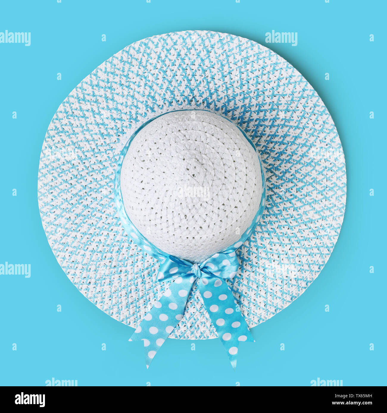 top view summer beach round straw azure hat with spotted bow ribbon ...