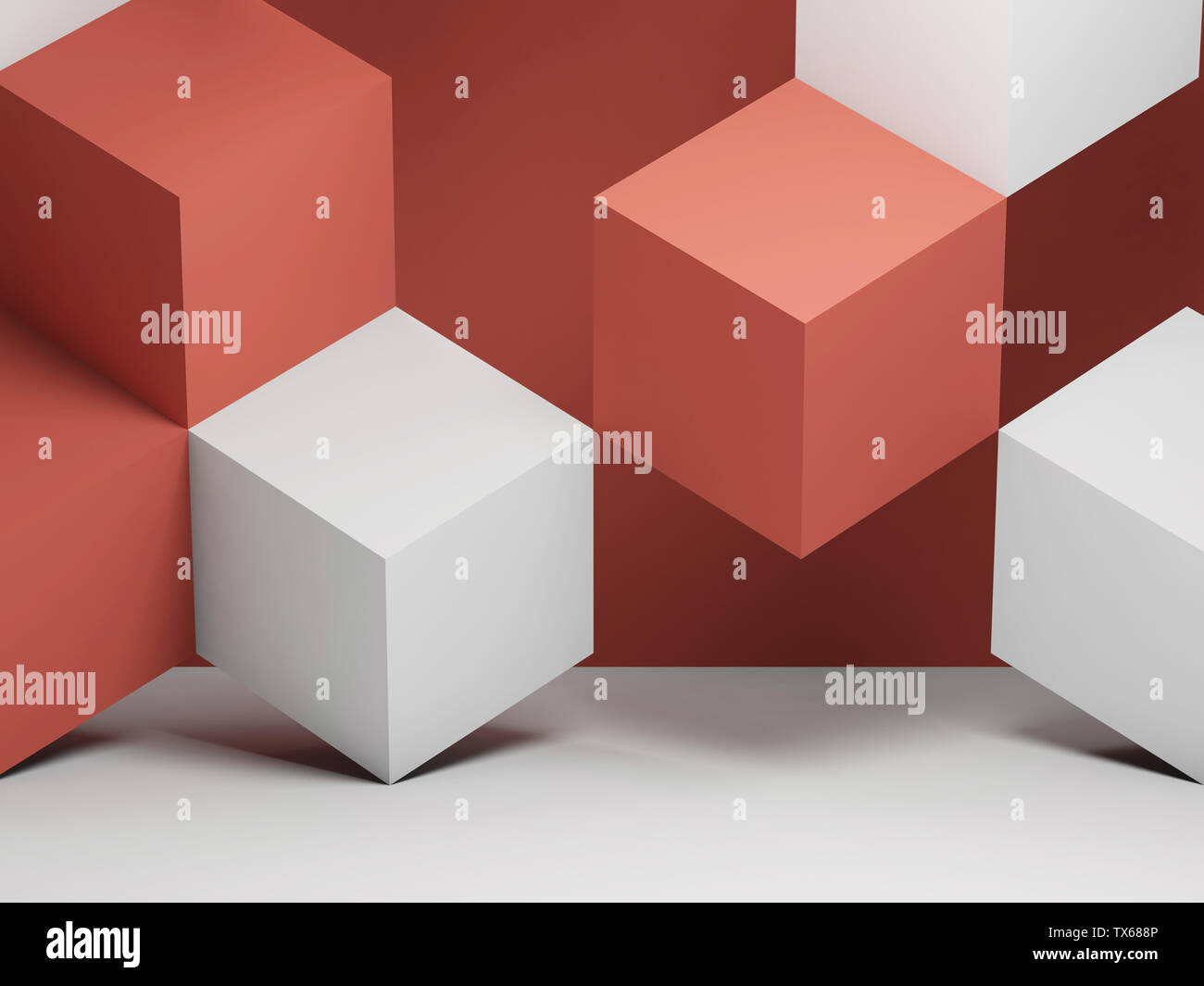 Abstract graphical background with white and red cubes installation. 3d ...