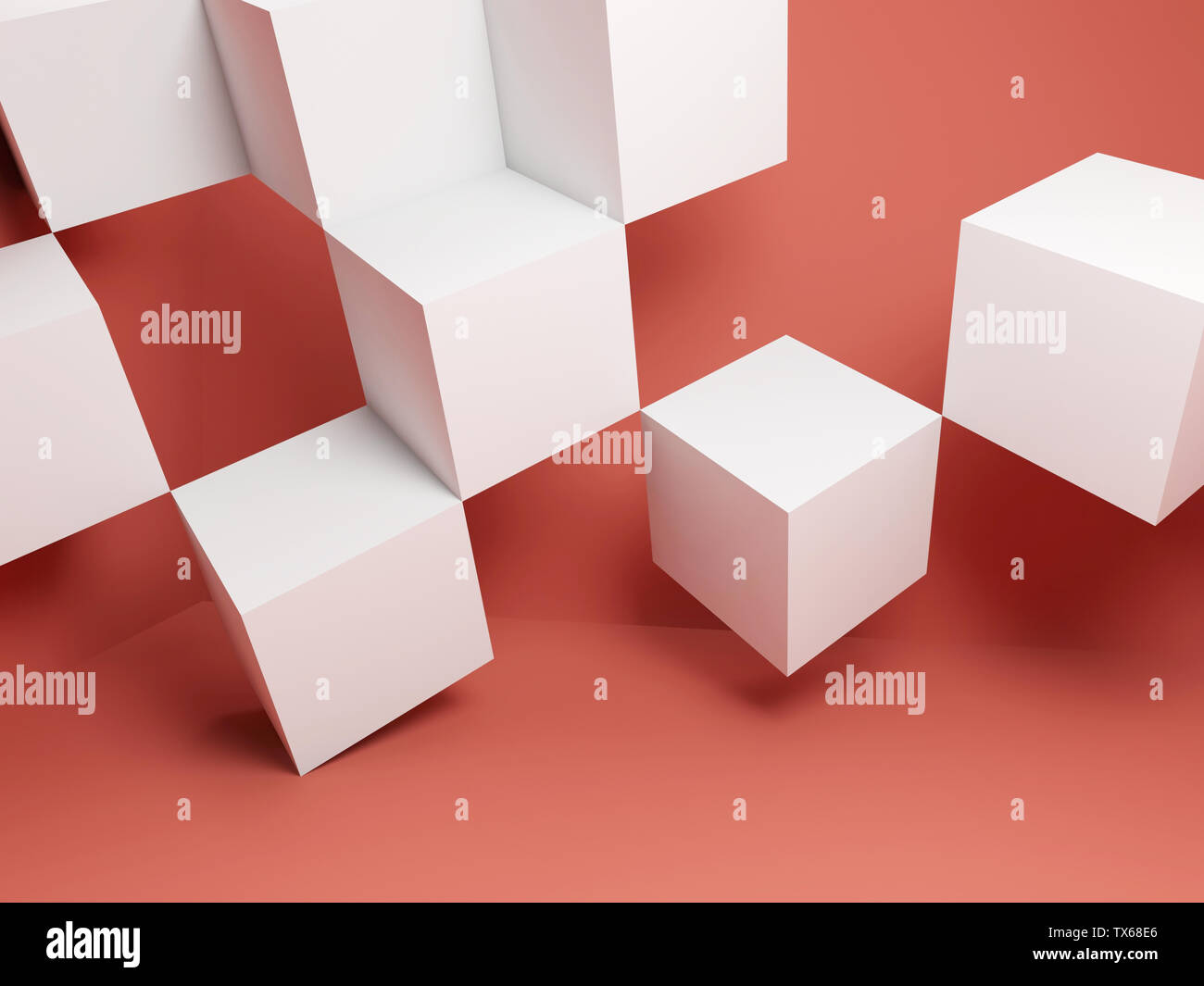Abstract graphical background, white cubes installation in empty red ...