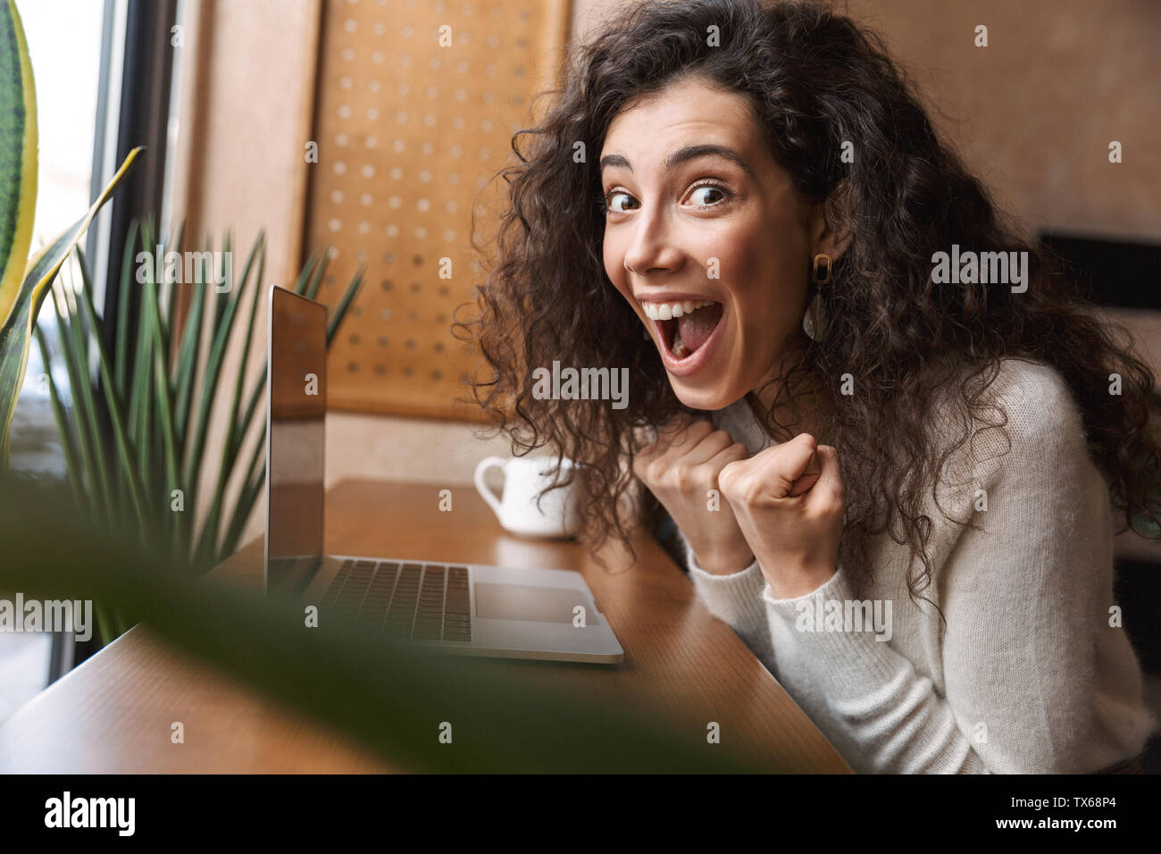 Image of pretty emotional shocked girl sitting in cafe using laptop ...
