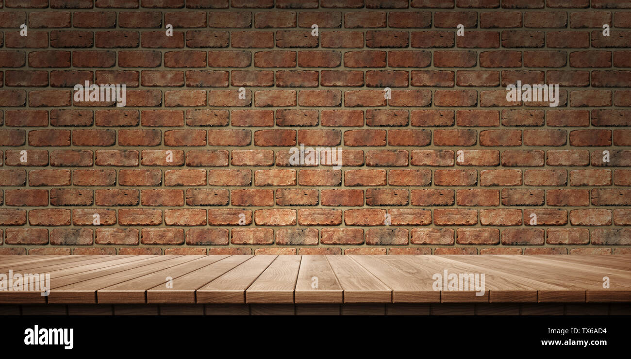 Colorful wooden platform background: brick wall. ( 3D rendering ...
