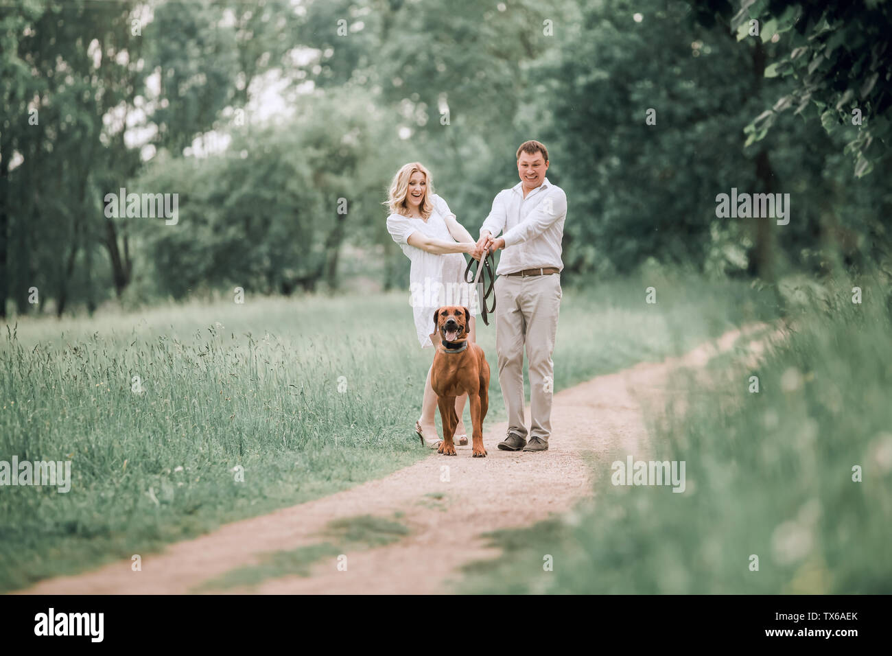 young husband and his wife have fun with their pet dog . the concept of ...