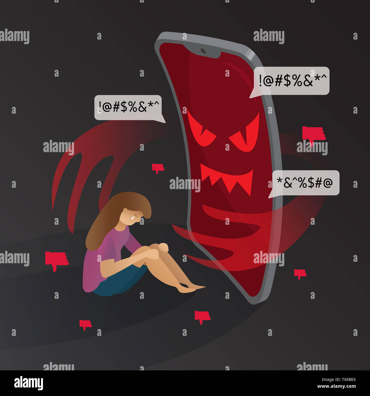cyber bullying phone devil with sad girl background graphic vector ...