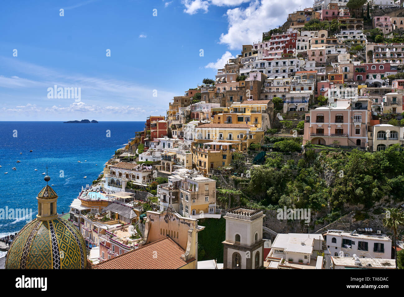 Nice sunny cityscape of Positano hill-town on Amalfi Coast in Italy ...